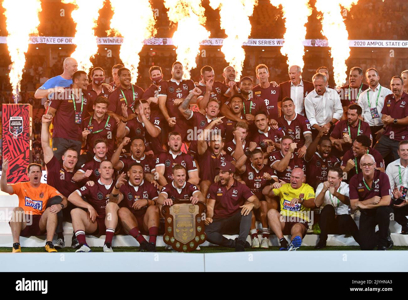 Queensland players celebrate winning the 2020 State of Origin series ...