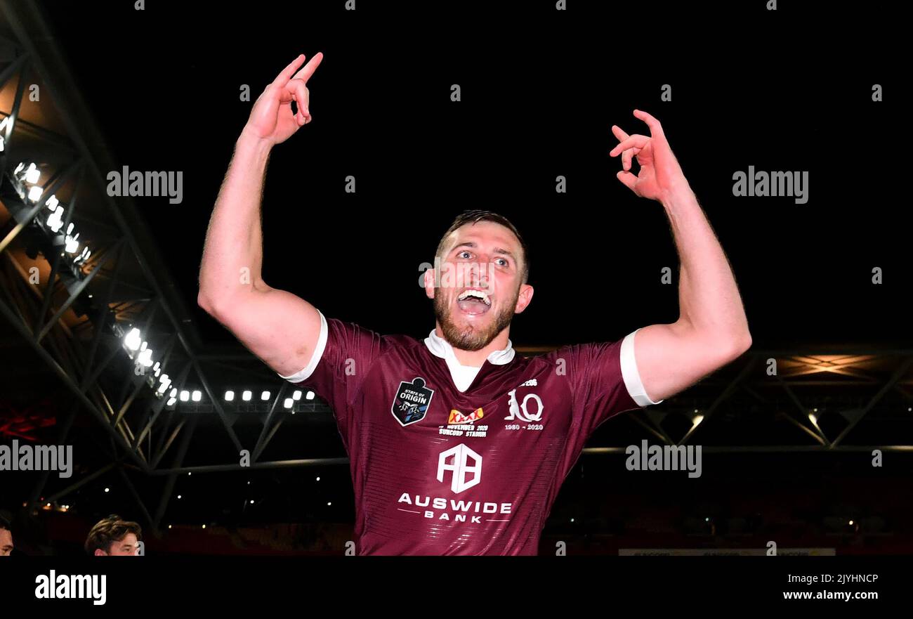 Kurt Capewell of the Maroons is seen celebrates winning Game 3 of the ...