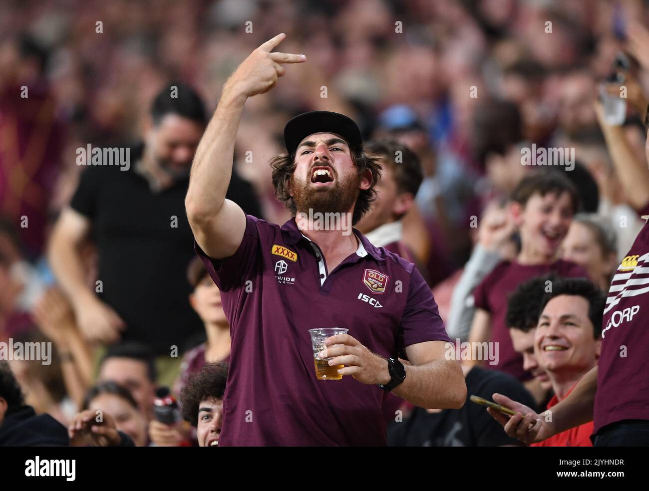 A Maroons fan gestures towards Blues fans during Game 3 of the 2020 ...