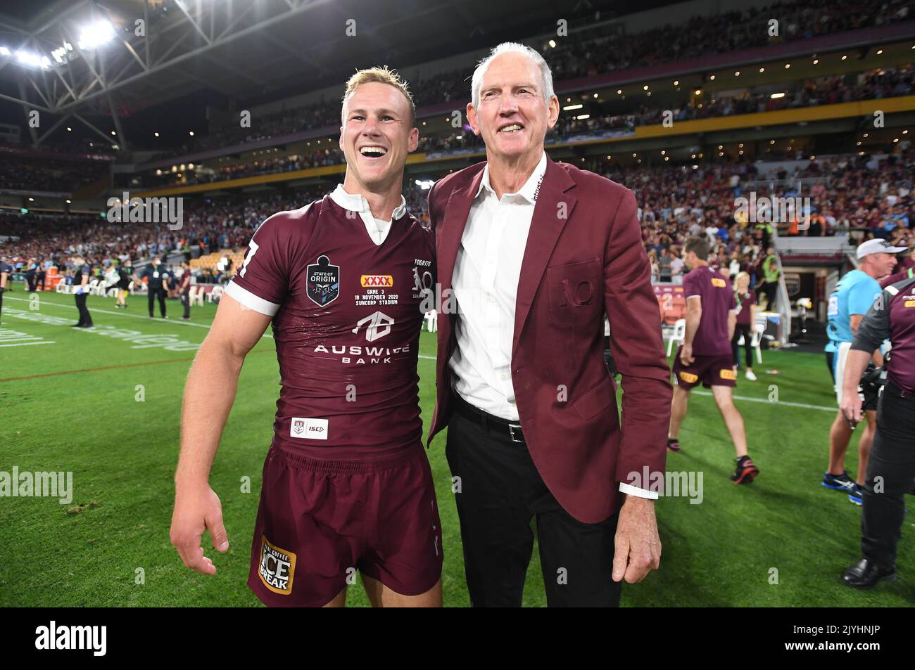 Maroons captain Daly Cherry-Evans celebrates with coach Wayne Bennett ...