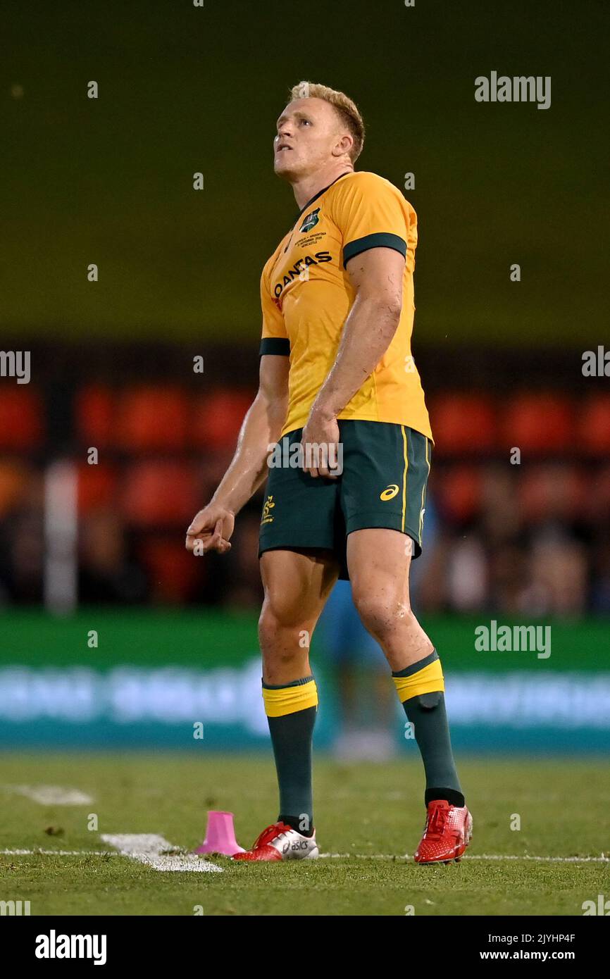 Reece Hodge of the Wallabies reacts after missing a penalty kick during ...