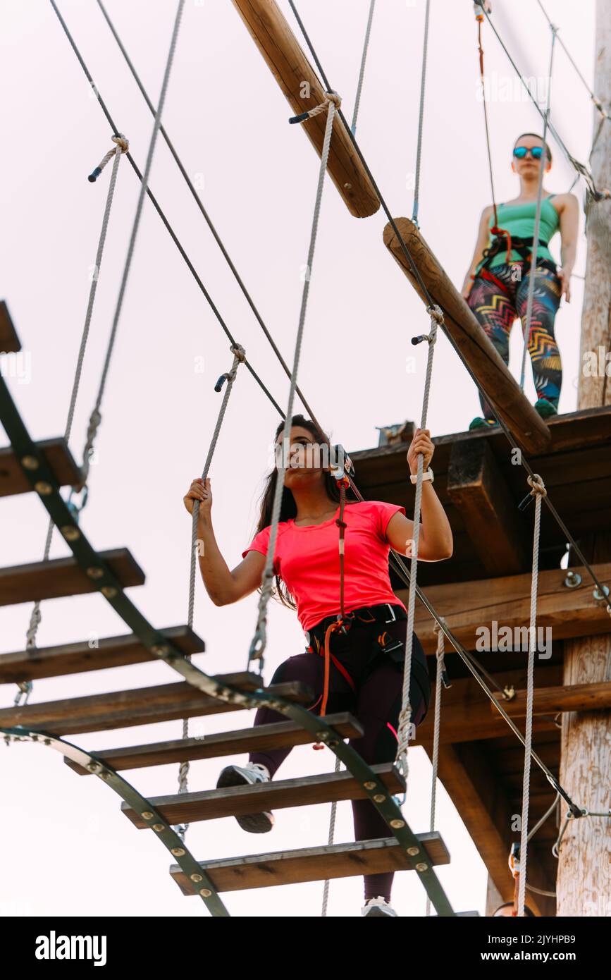 Rock climbing team doing the courses in the adventure park Stock Photo ...