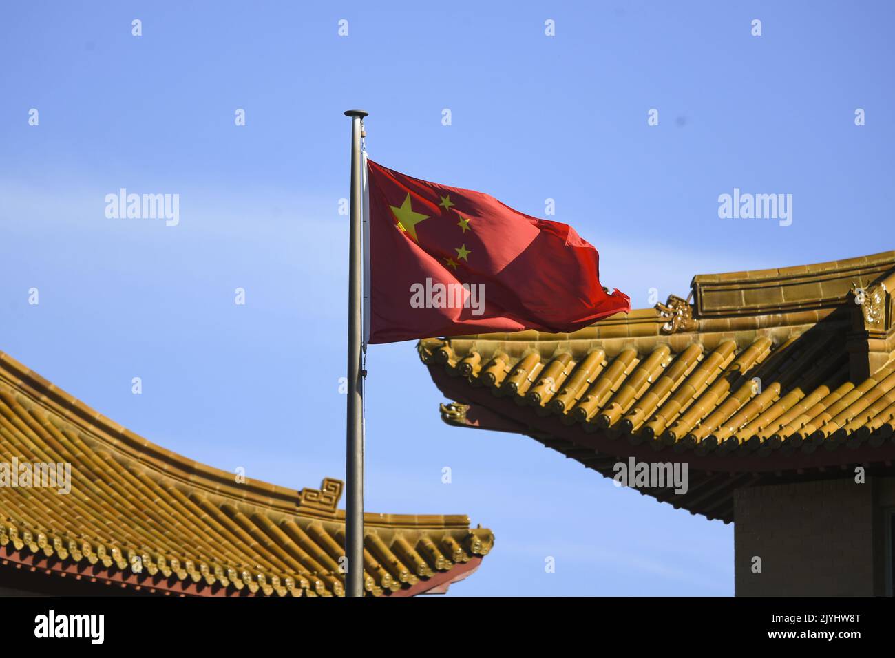 The Chinese flag is seen flying at the Chinese Embassy in in Canberra ...