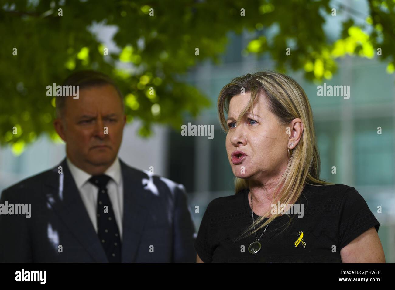 Julie-Ann Finney, mother of the late veteran Dave Finney speaks during ...