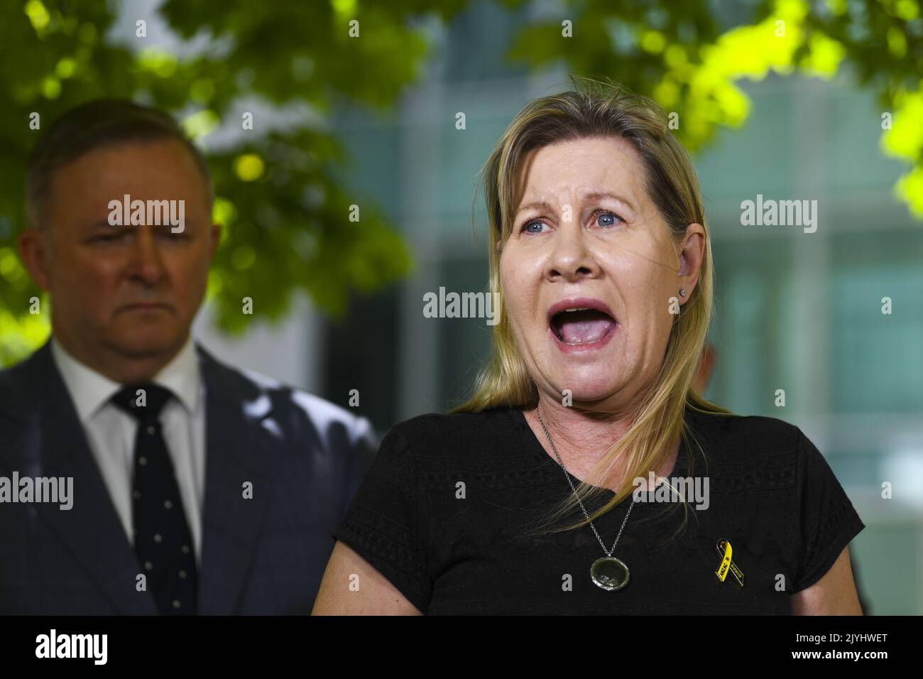 Julie-Ann Finney, mother of the late veteran Dave Finney speaks during ...