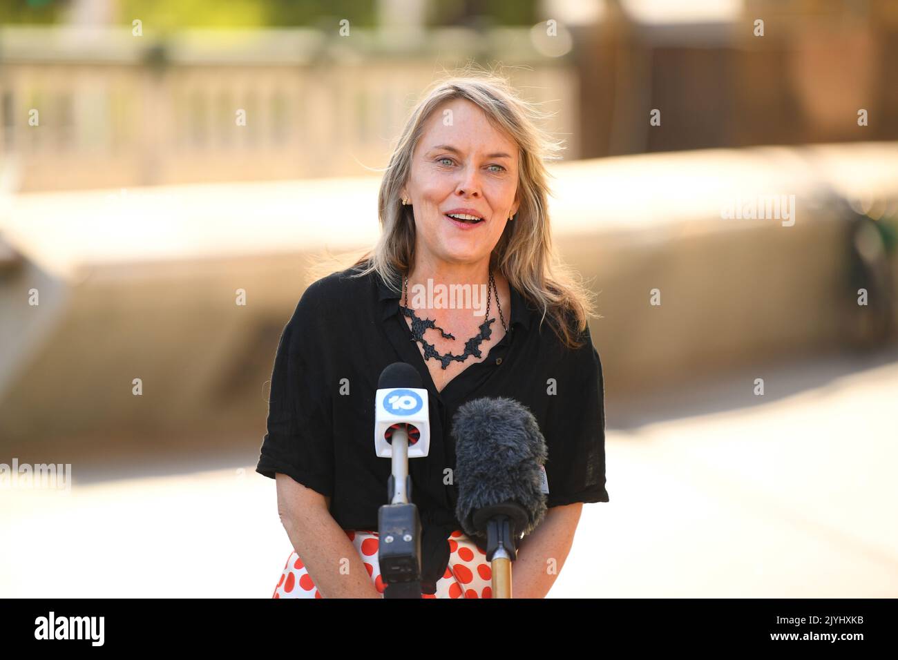 Australian visual artist Lisa Roet speaks to media during the unveiling ...