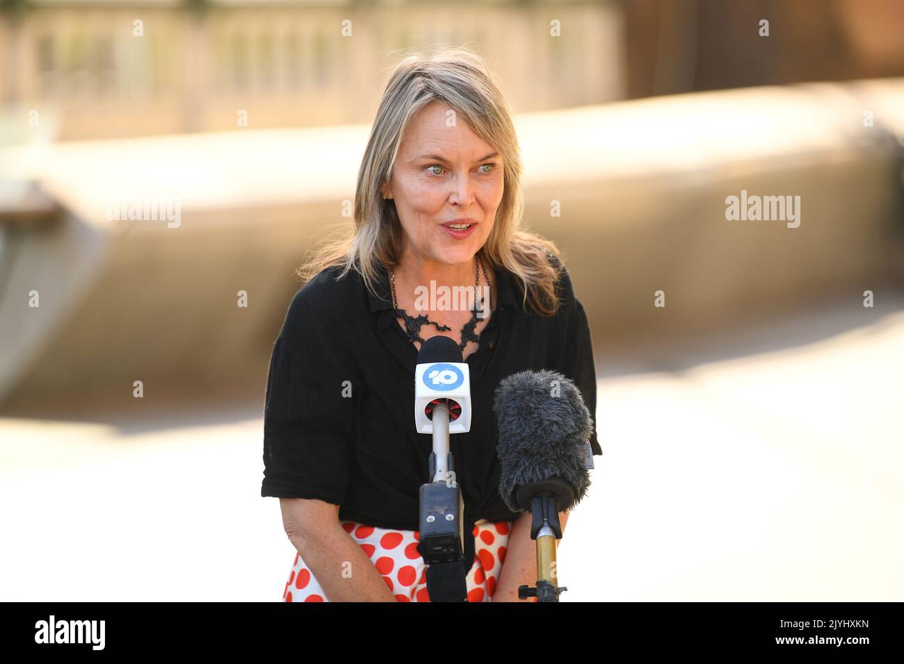 Australian visual artist Lisa Roet speaks to media during the unveiling ...