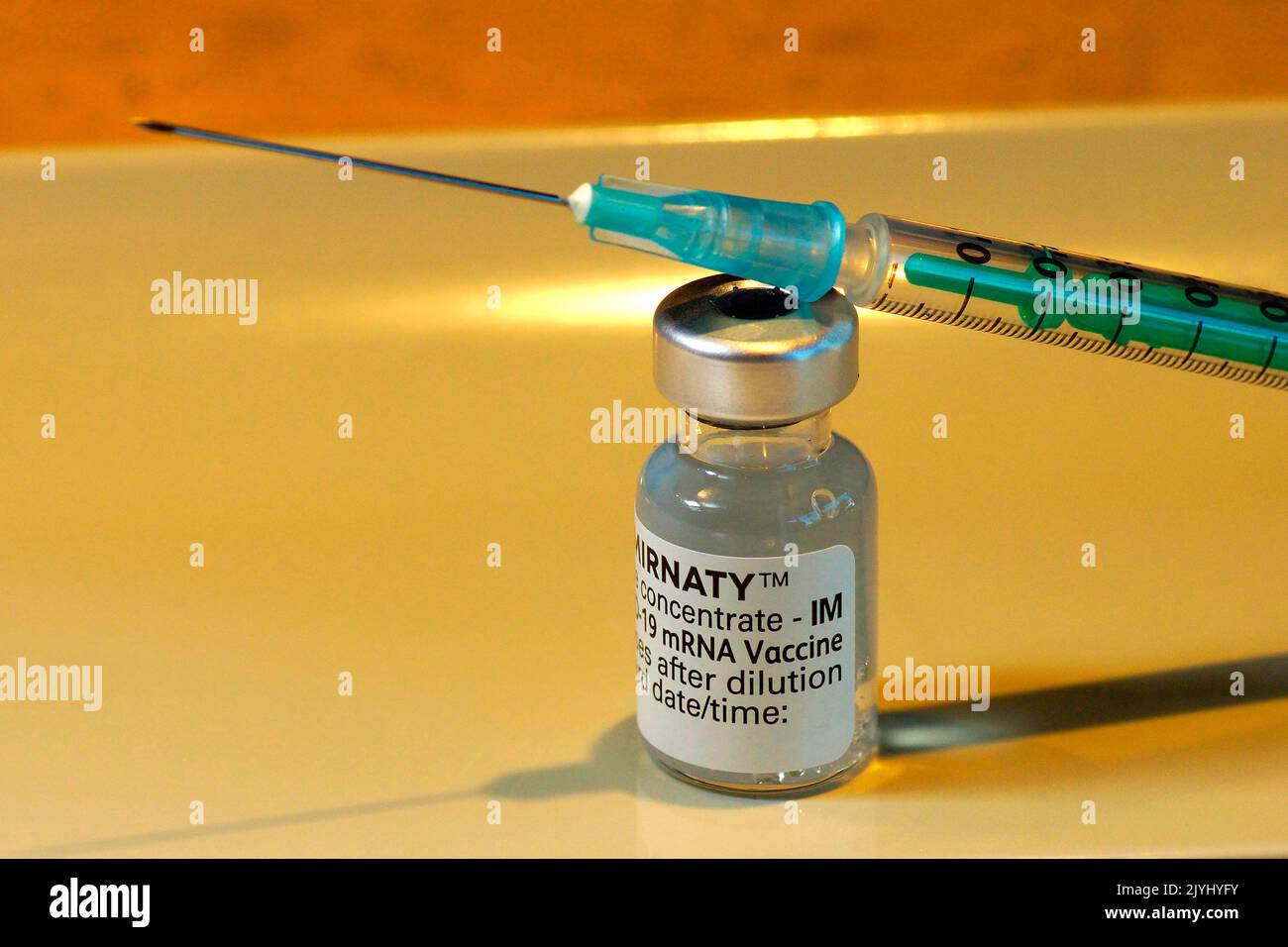 injection with Corona vaccine Comirnaty of Biontex Pfizer Stock Photo ...