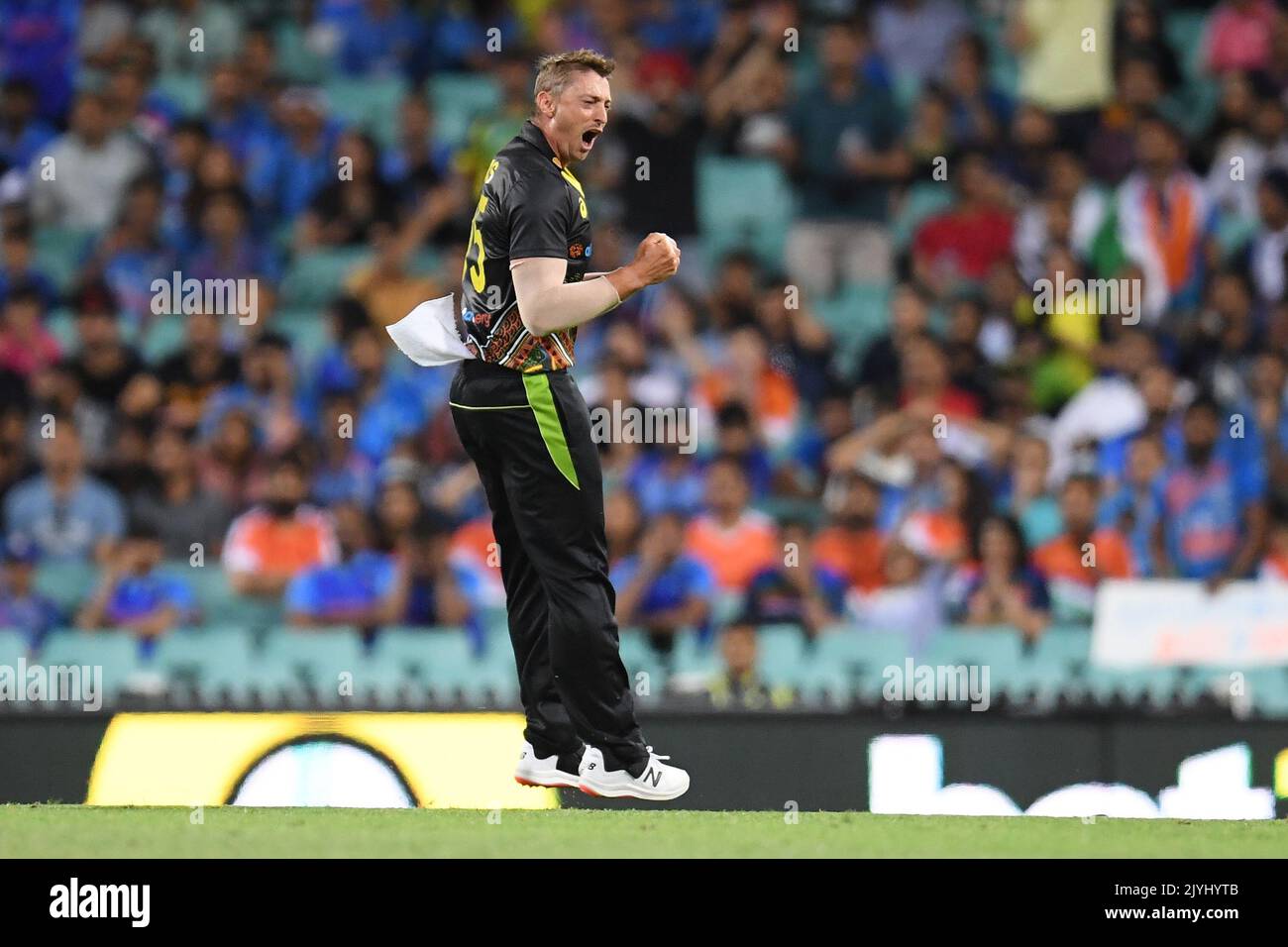 Daniel Sams of Australia celebrates taking the wicket of Virat Kohli of ...