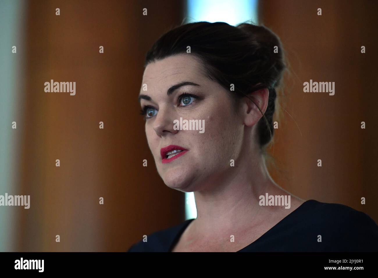 Greens Senator Sarah Hanson-Young at a press conference at Parliament ...