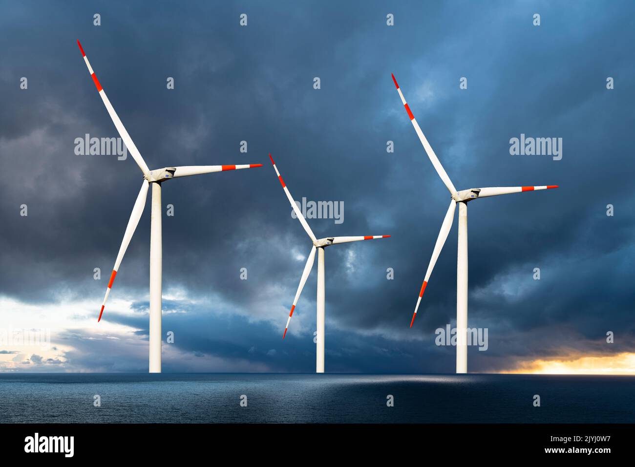 Evening mood over the North Sea, Offshore- wind park, Germany, Lower ...