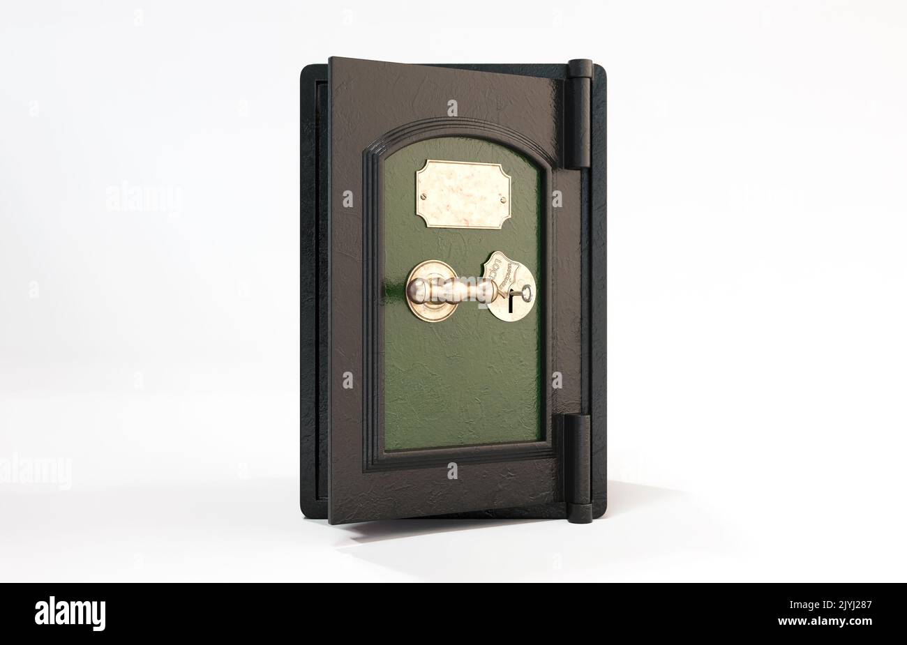 A half opened heavy cast iron vintage floor safe with brass fittings on ...