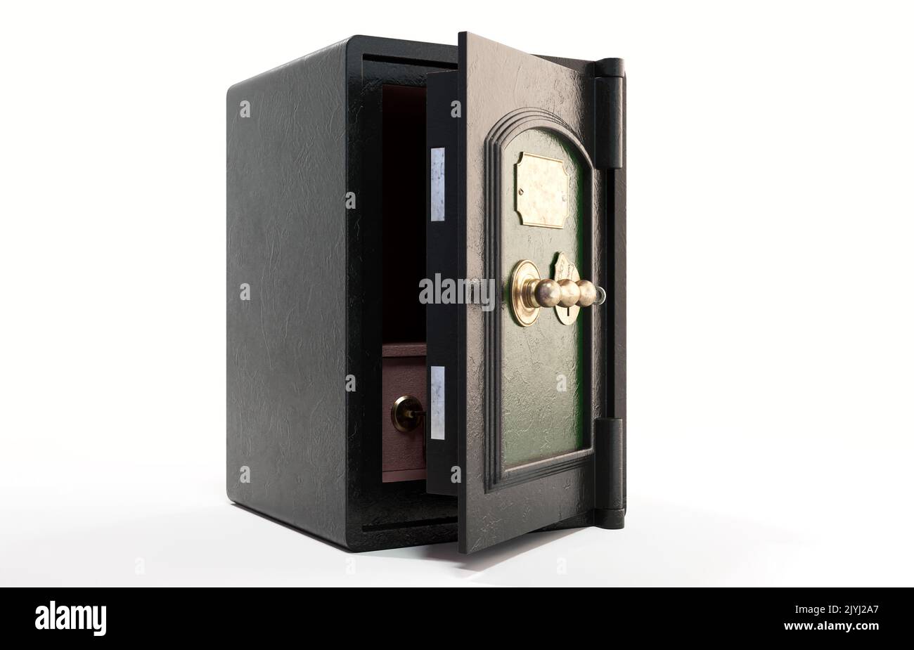 A half opened heavy cast iron vintage floor safe with brass fittings on ...