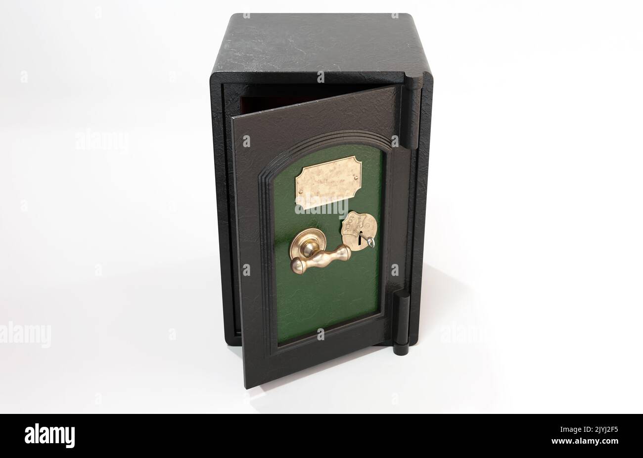 A half opened heavy cast iron vintage floor safe with brass fittings on ...