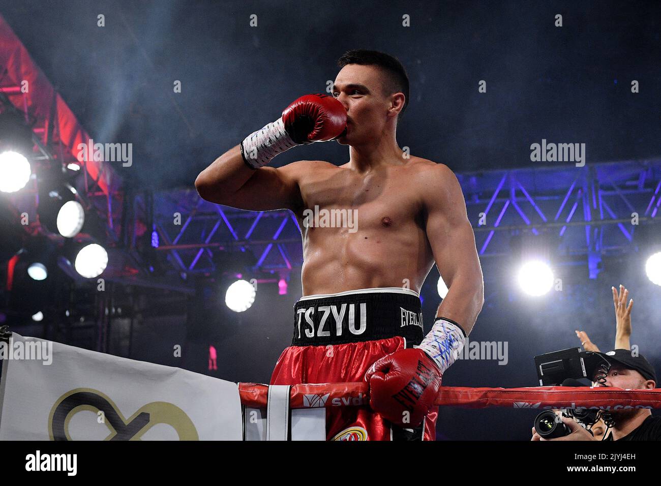 Tim Tszyu celebrates after beating Bowyn Morgan in their WBO Global ...