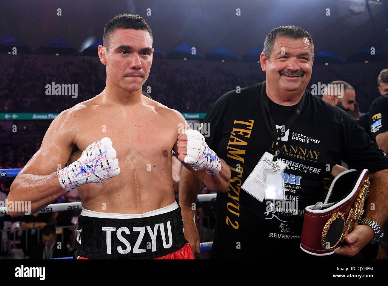 Tim Tszyu celebrates with his team after beating Bowyn Morgan during ...