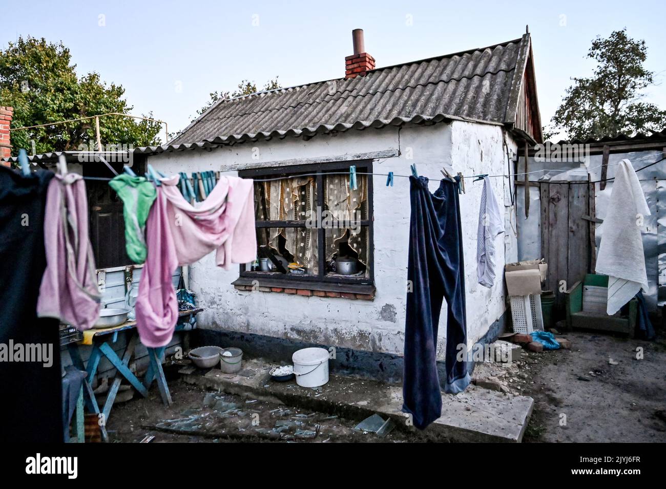 MALA TOKMACHKA, UKRAINE - SEPTEMBER 7, 2022 - Damage done to a house by ...