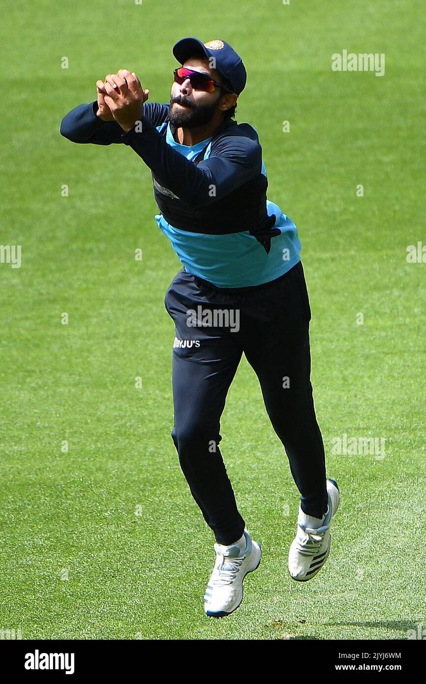 Ravi Jadeja of India trains during India's Test team training session ...