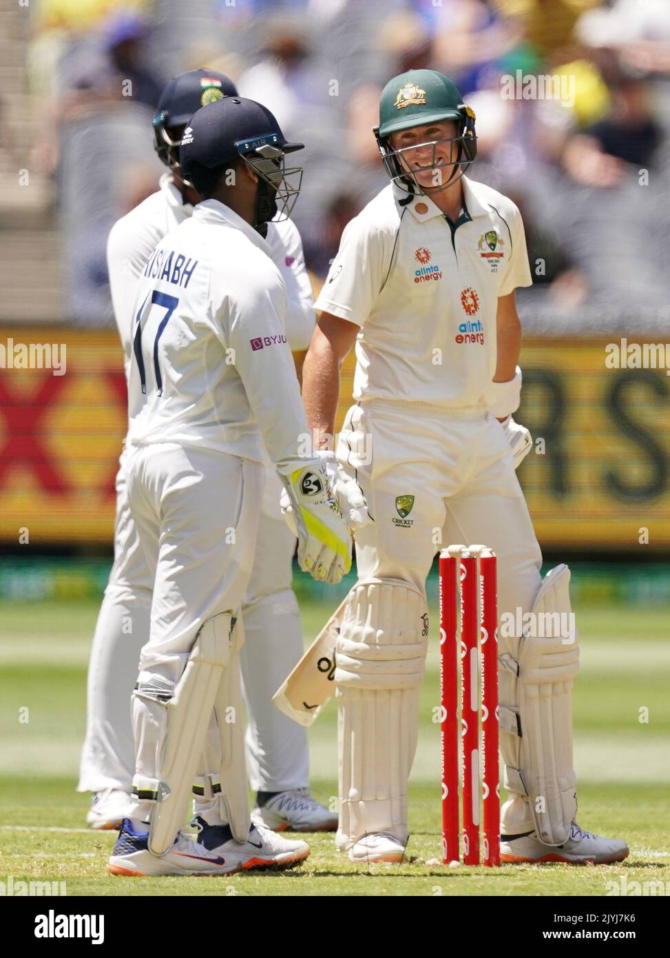 Marnus Labuschagne of Australia talks to Rishabh Pant of India after ...