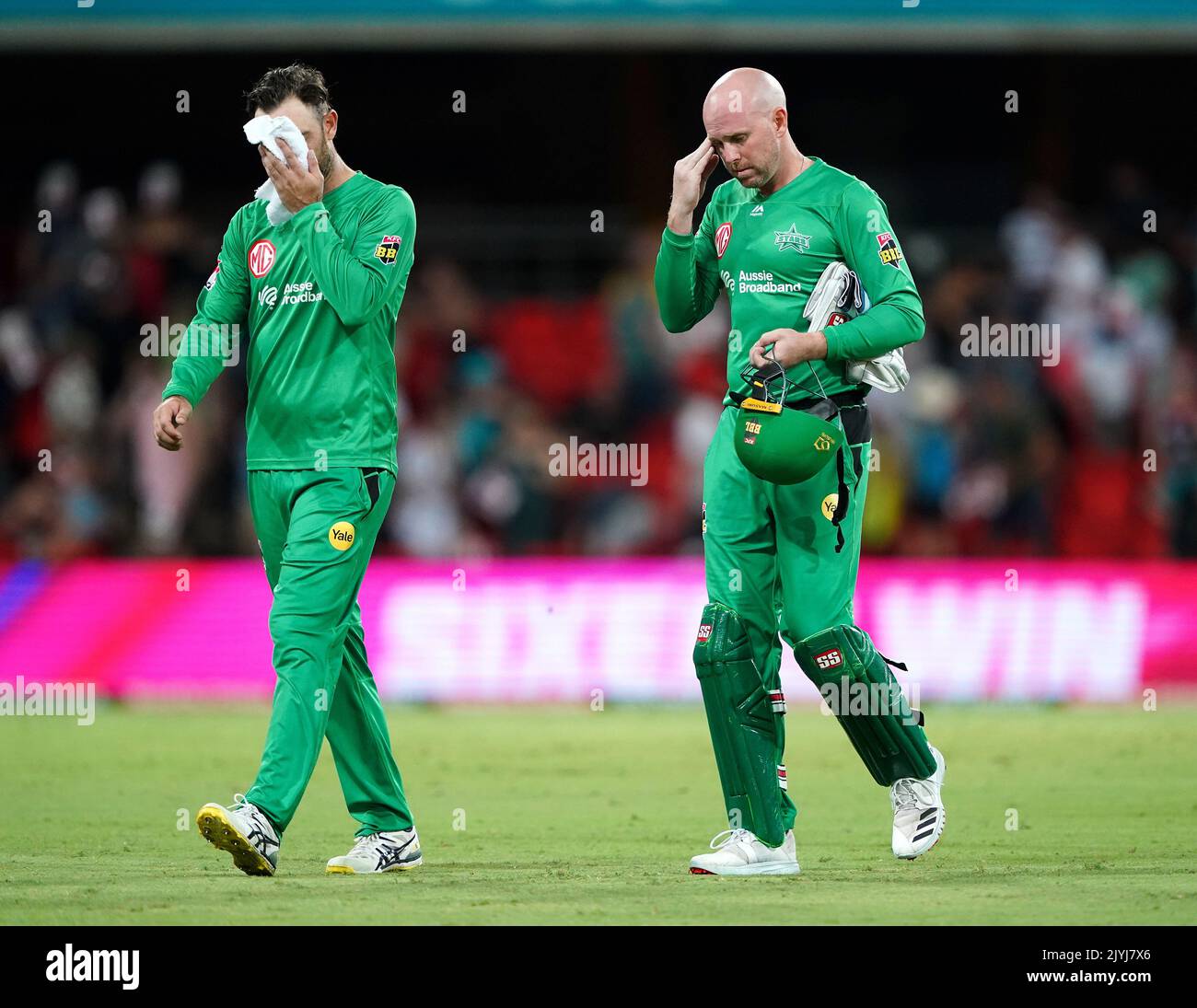 Stars players Glenn Maxwell (left) and Ben Dunk react as they leave the ...