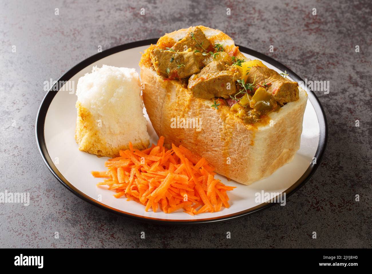 Traditional African bread based street food called Bunny Chow closeup ...