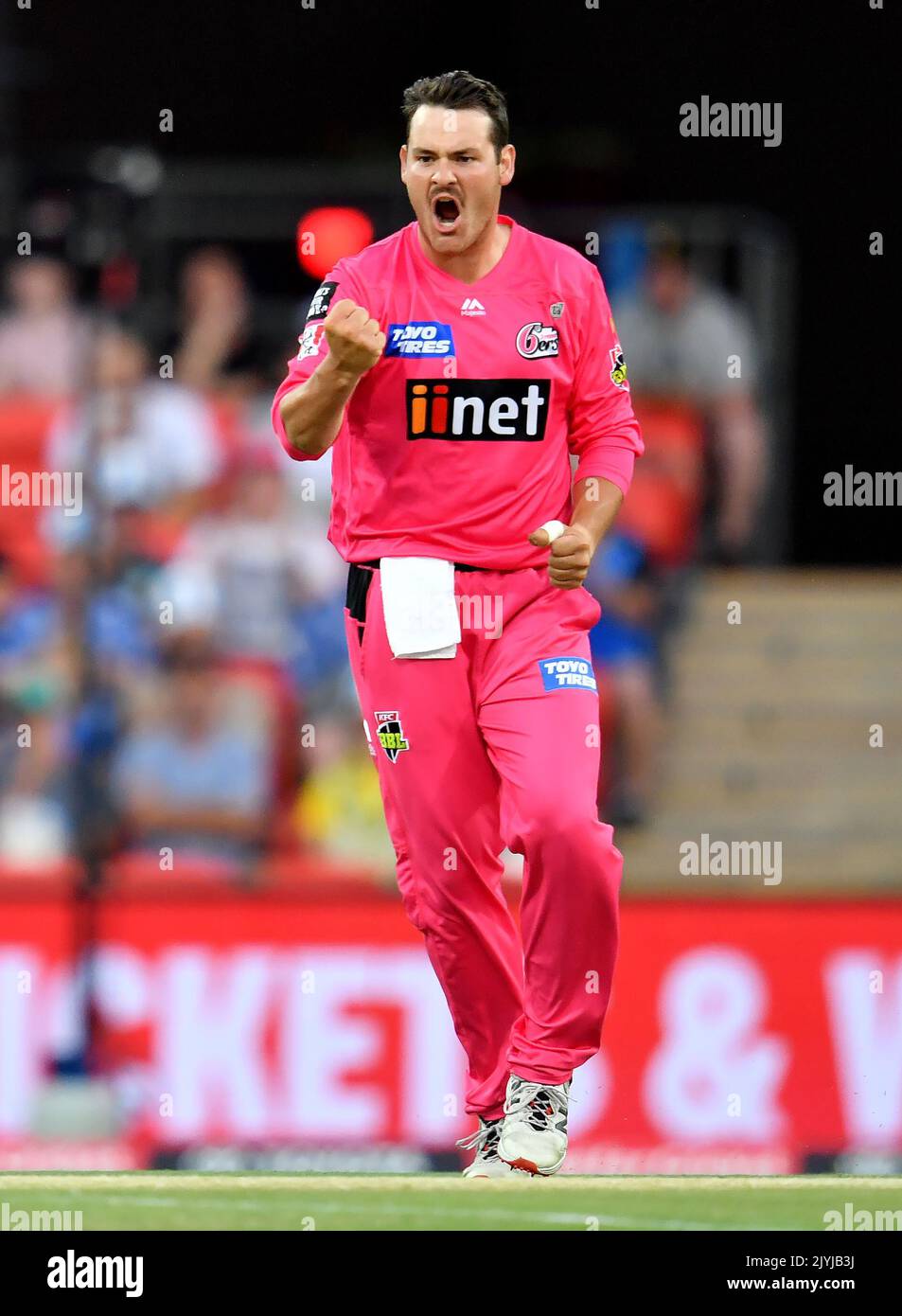 Ben Manenti of the Sixers celebrates the wicket of Matt Renshaw of the ...