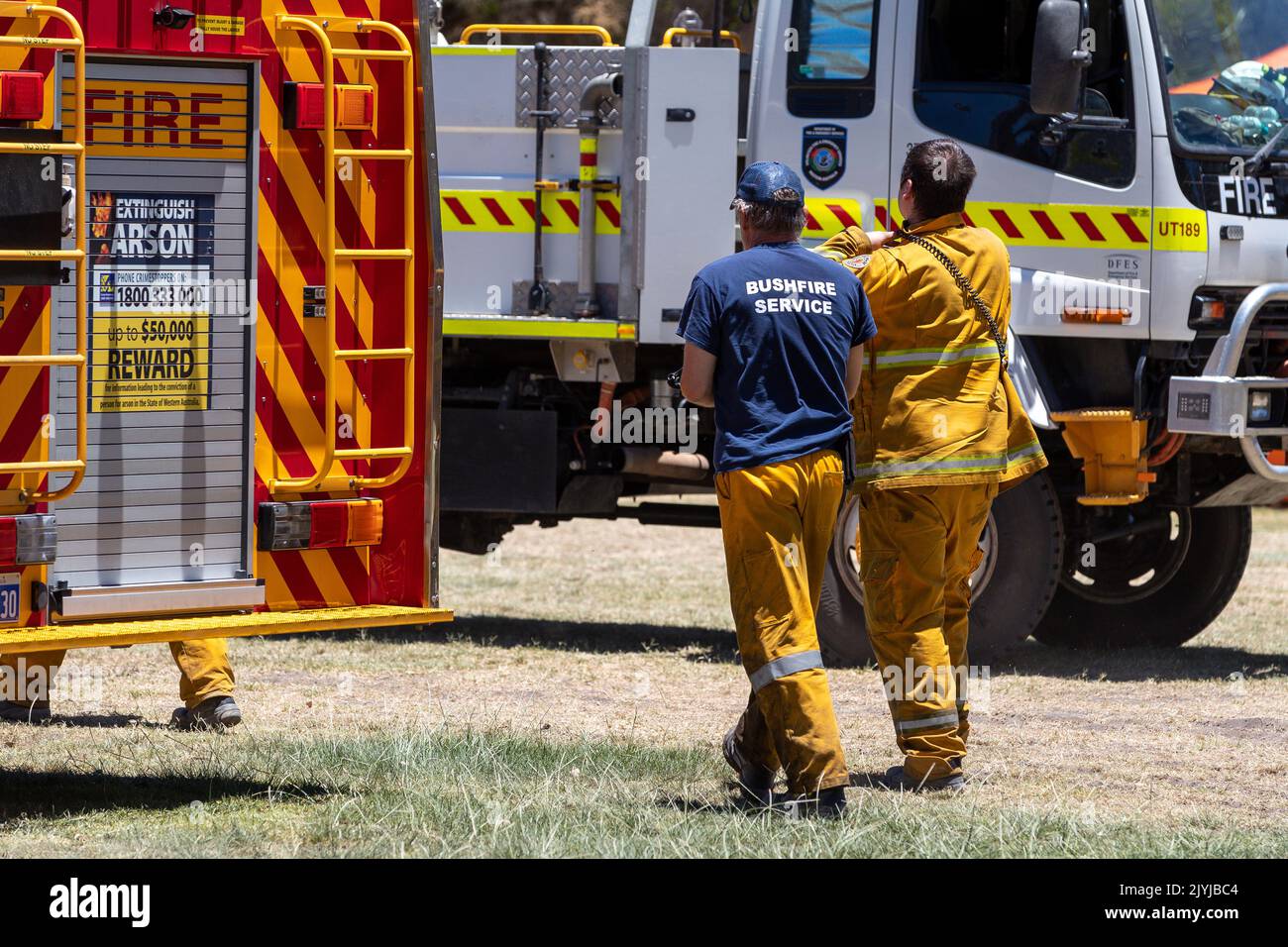 Emergency crews are seen at a control point at Mandogalup Volunteer ...