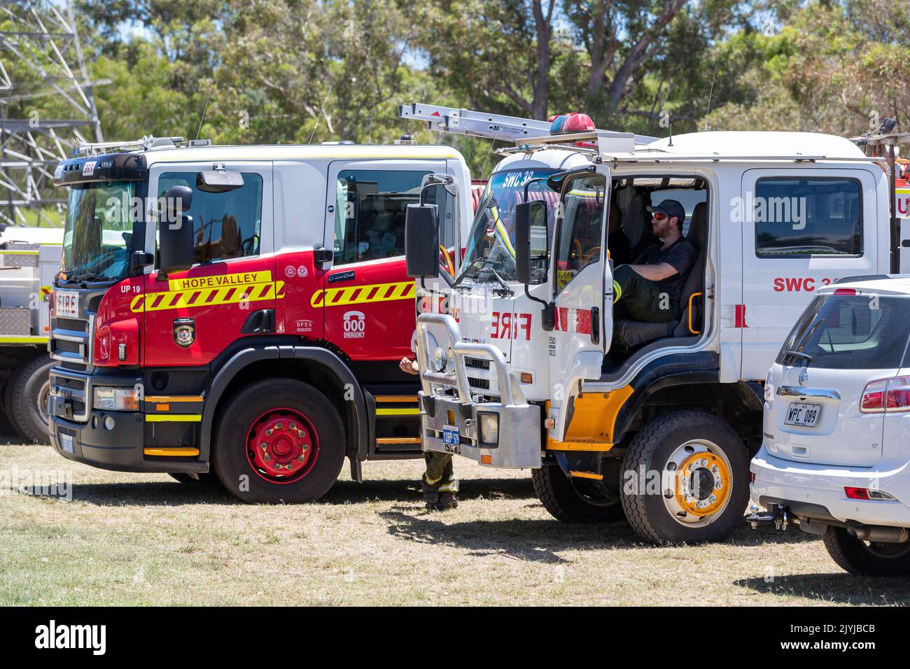 Emergency crews are seen at a control point at Mandogalup Volunteer ...