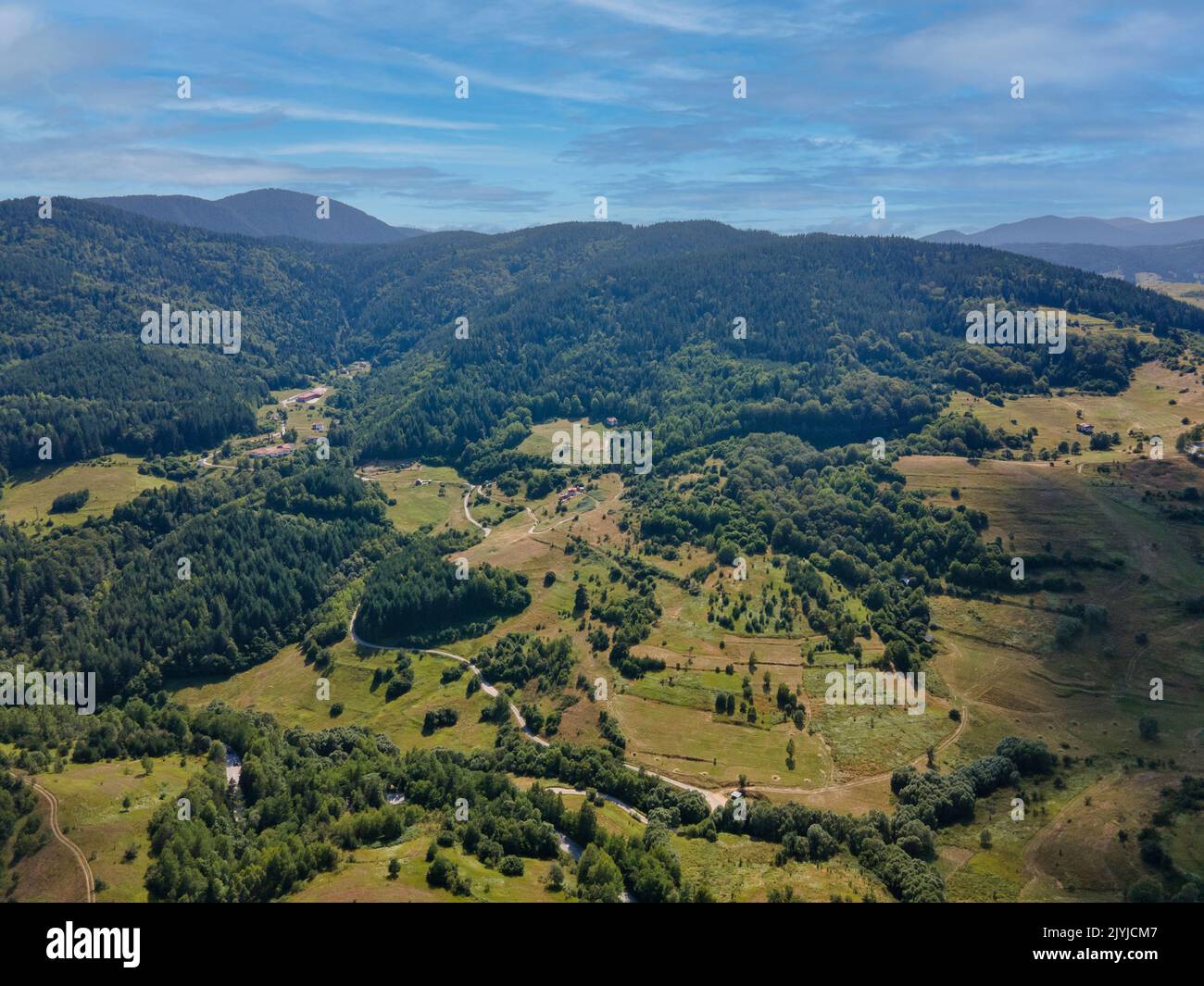 Aerial Summer view of Rhodope Mountains near village of Borino, Smolyan ...