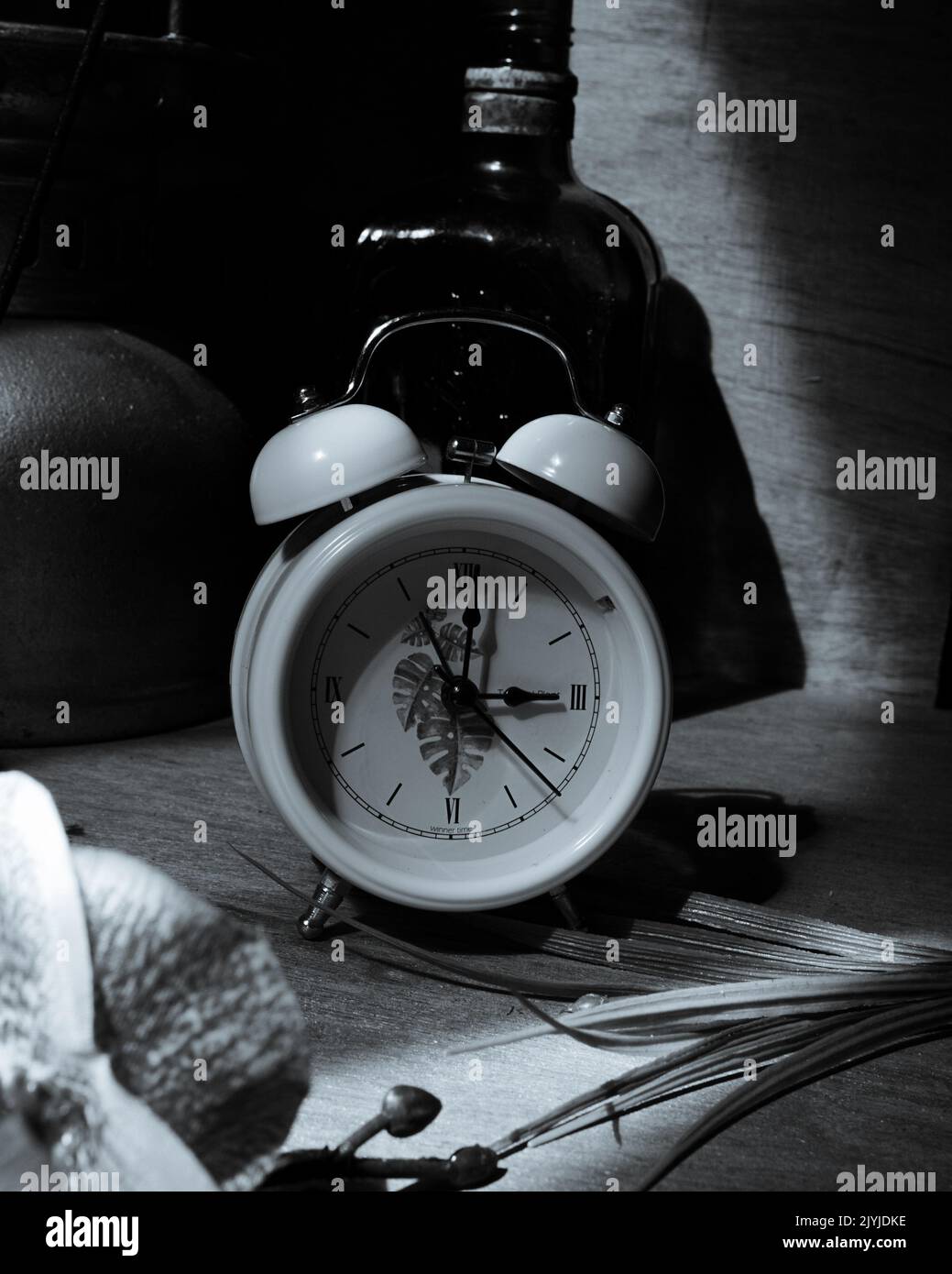 black and white photo of an alaram clock Stock Photo - Alamy