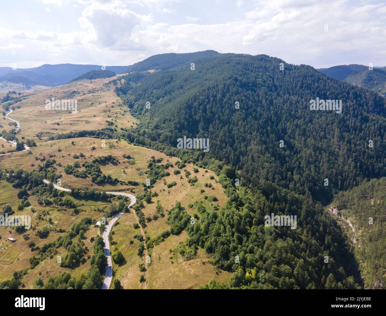 Aerial Summer view of Rhodope Mountains near village of Borino, Smolyan ...