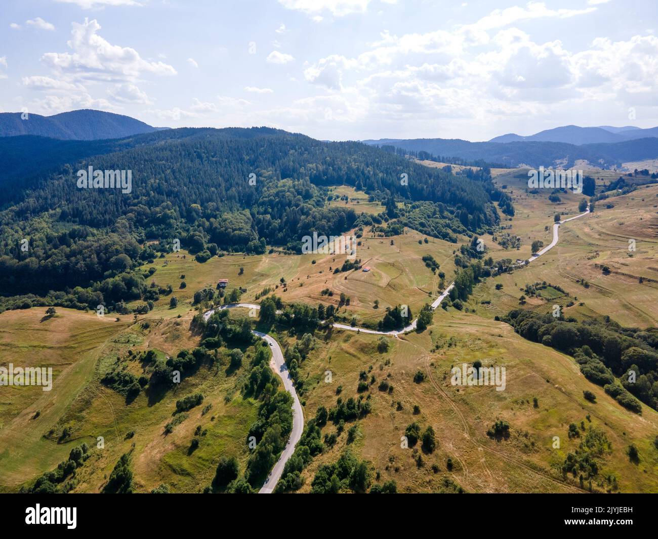 Aerial Summer view of Rhodope Mountains near village of Borino, Smolyan ...