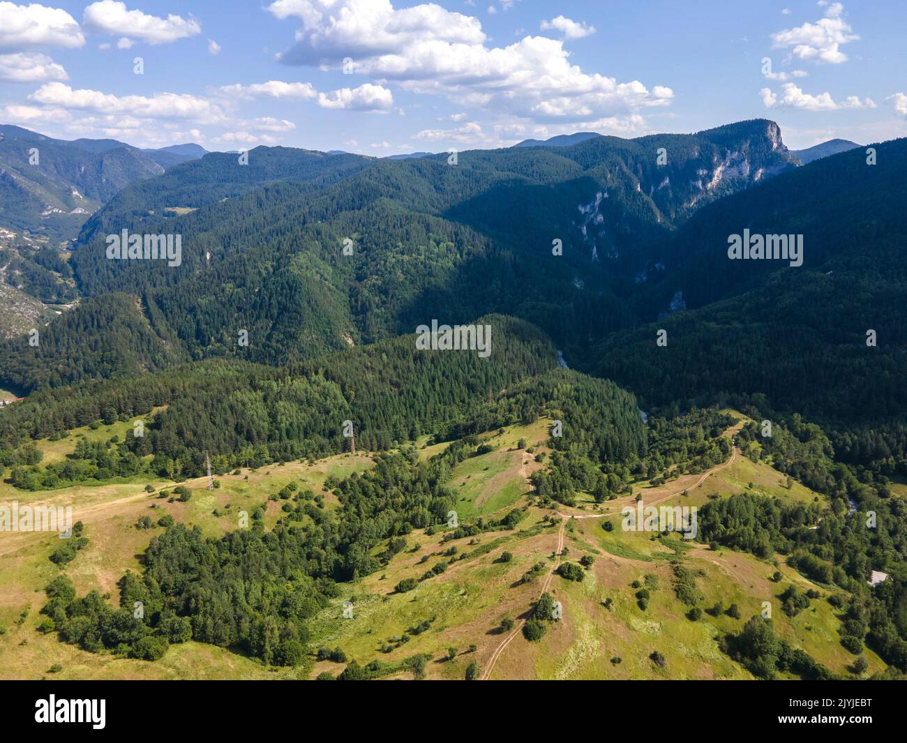 Aerial Summer view of Rhodope Mountains near village of Borino, Smolyan ...