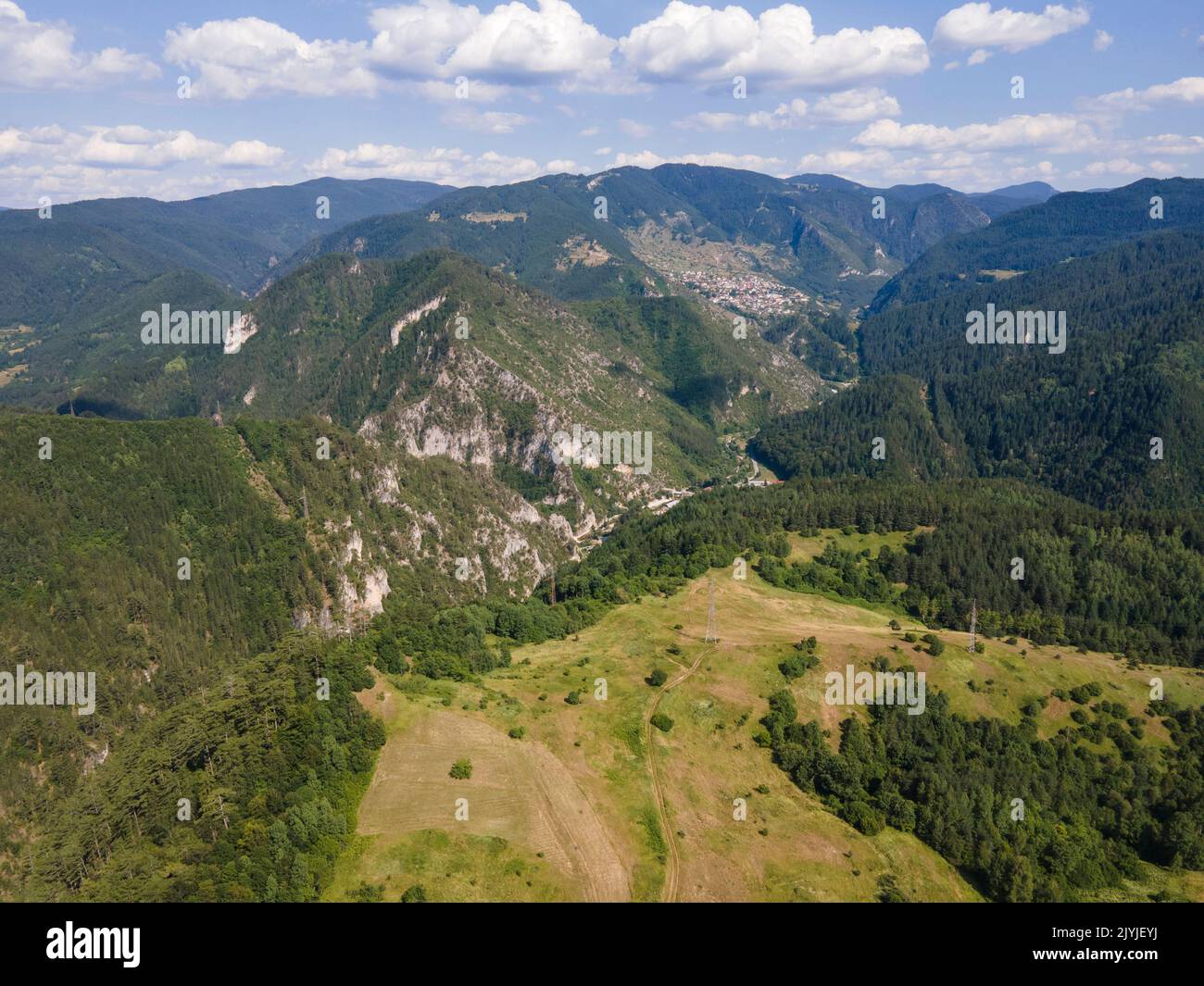 Aerial Summer view of Rhodope Mountains near village of Borino, Smolyan ...