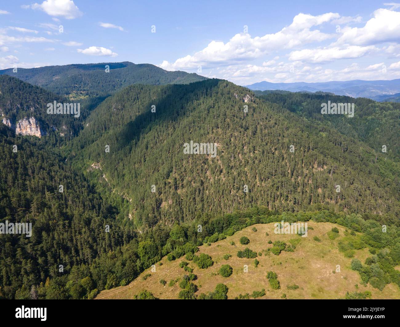 Aerial Summer view of Rhodope Mountains near village of Borino, Smolyan ...