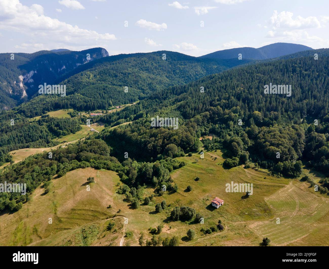 Aerial Summer view of Rhodope Mountains near village of Borino, Smolyan ...