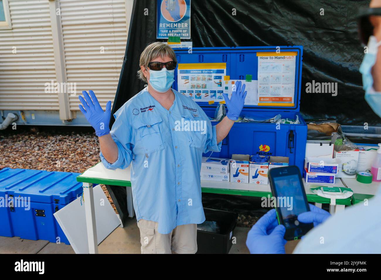 A PPE donning station at the NCCTRCA/AUSMAT sections of the at the ...