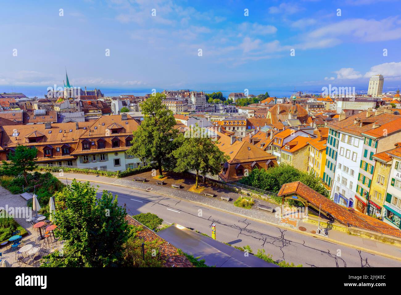 Panoramic view of Lausanne and Lake Geneva, capital city of Vaud Canton ...