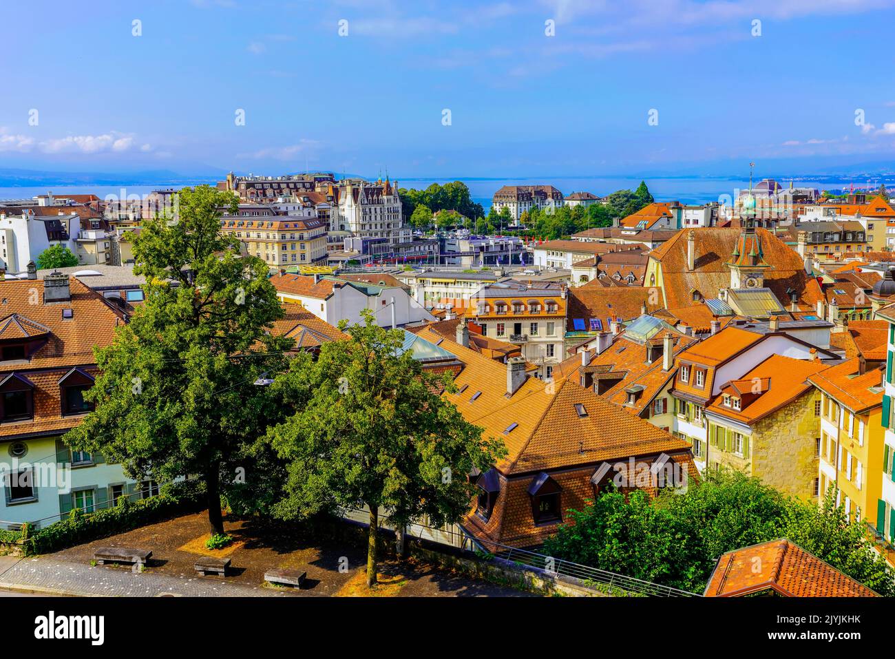 Panoramic view of Lausanne and Lake Geneva, capital city of Vaud Canton ...