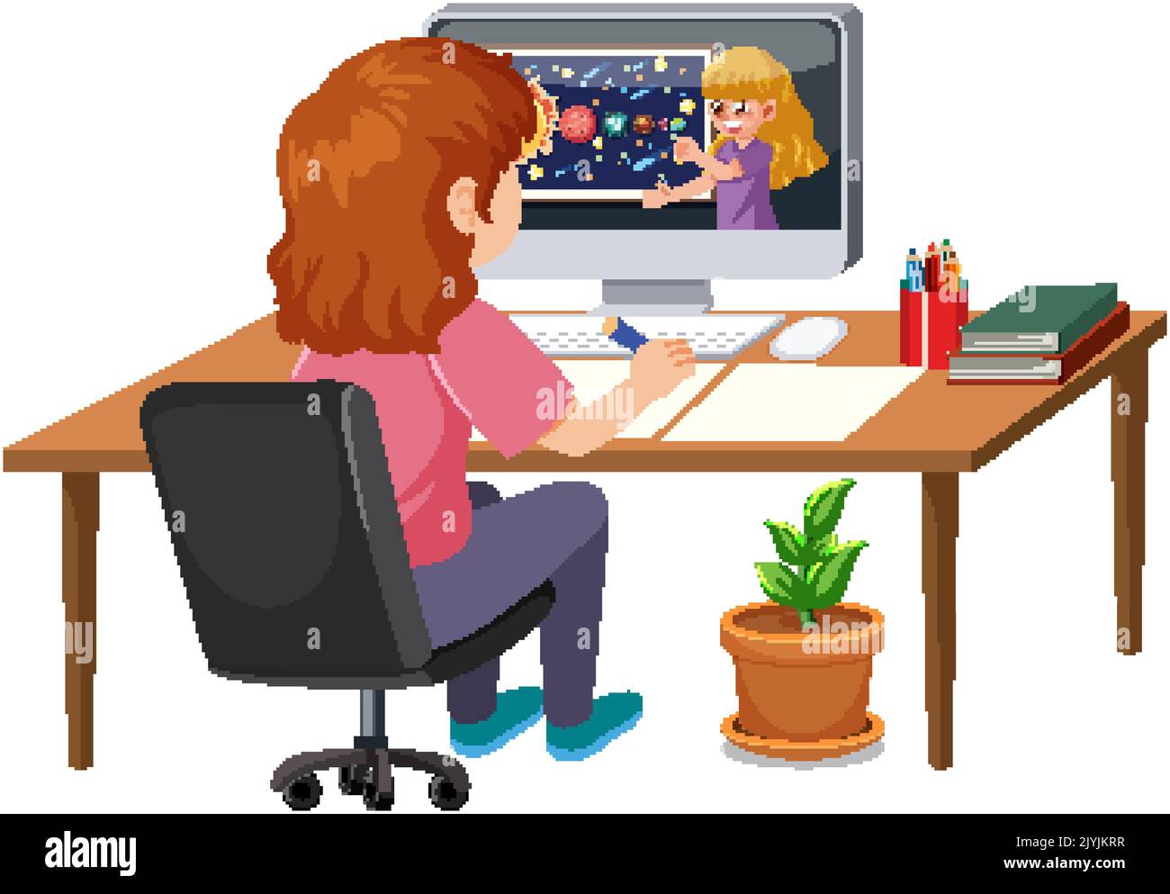 A girl studying online on computer illustration Stock Vector Image ...