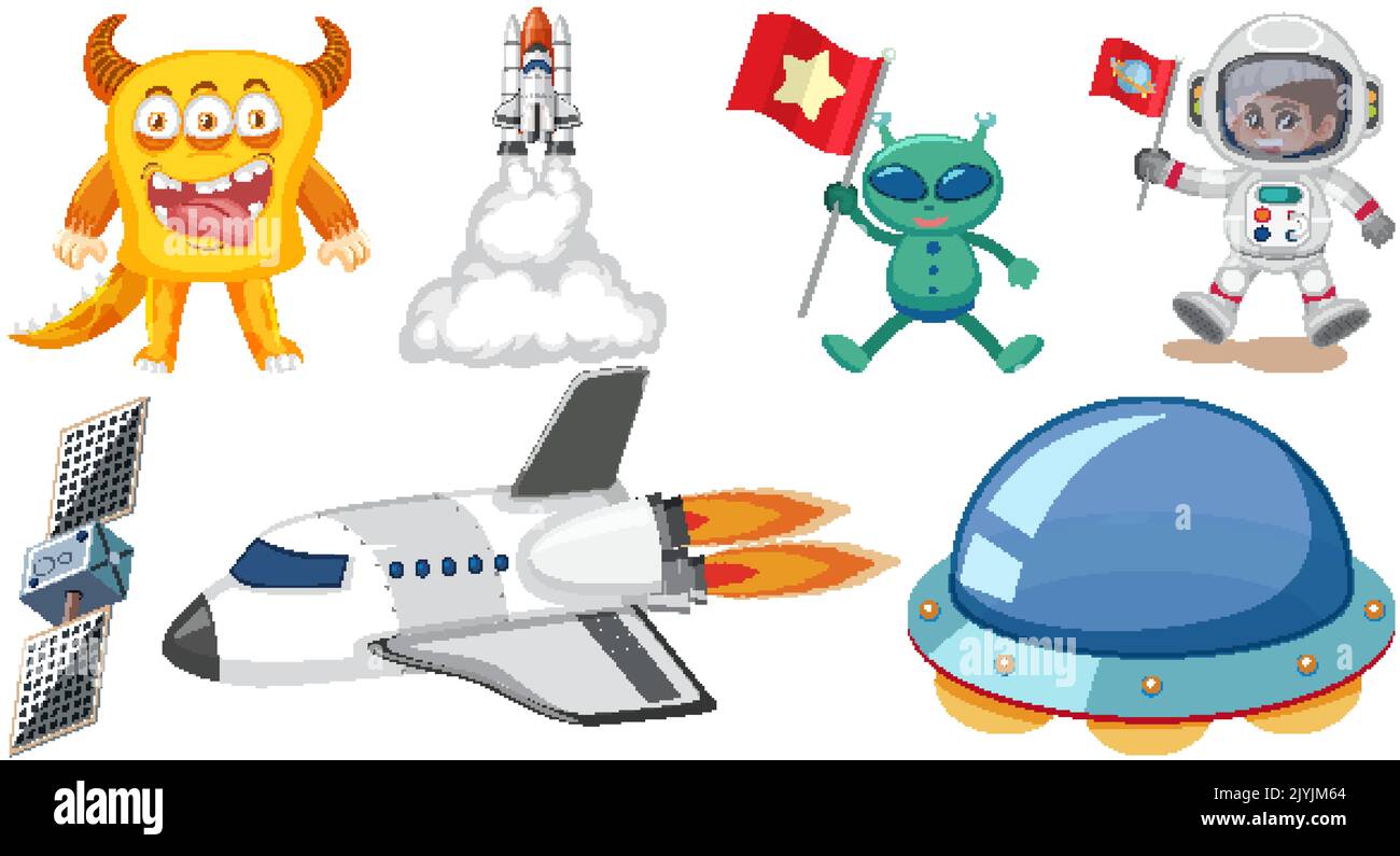 Set of space cartoon characters and objects illustration Stock Vector ...