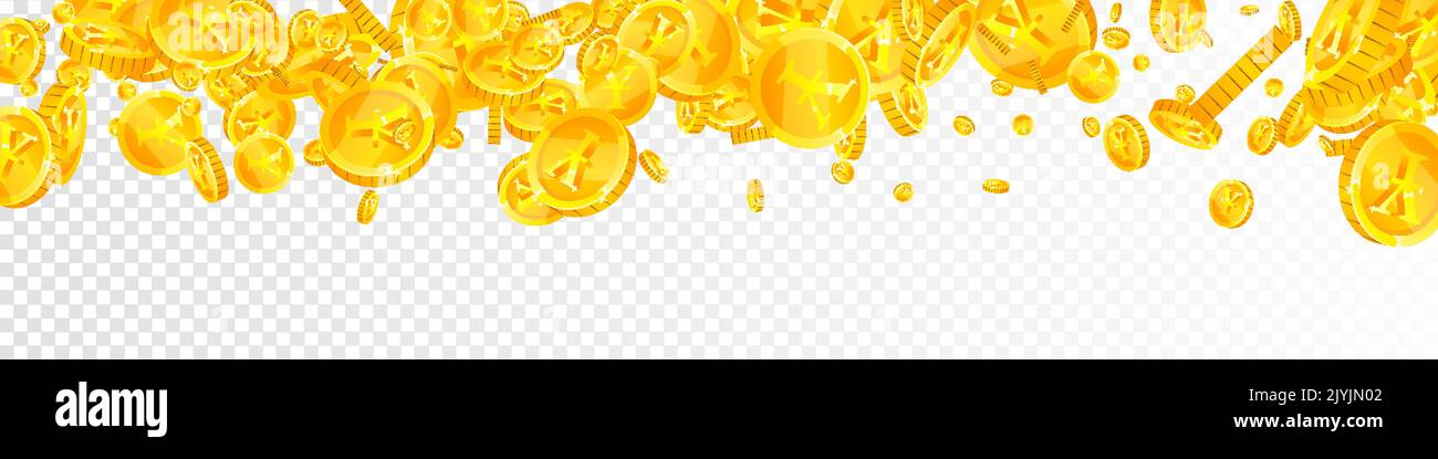 Japanese yen coins falling. Scattered gold JPY coins. Japan money ...