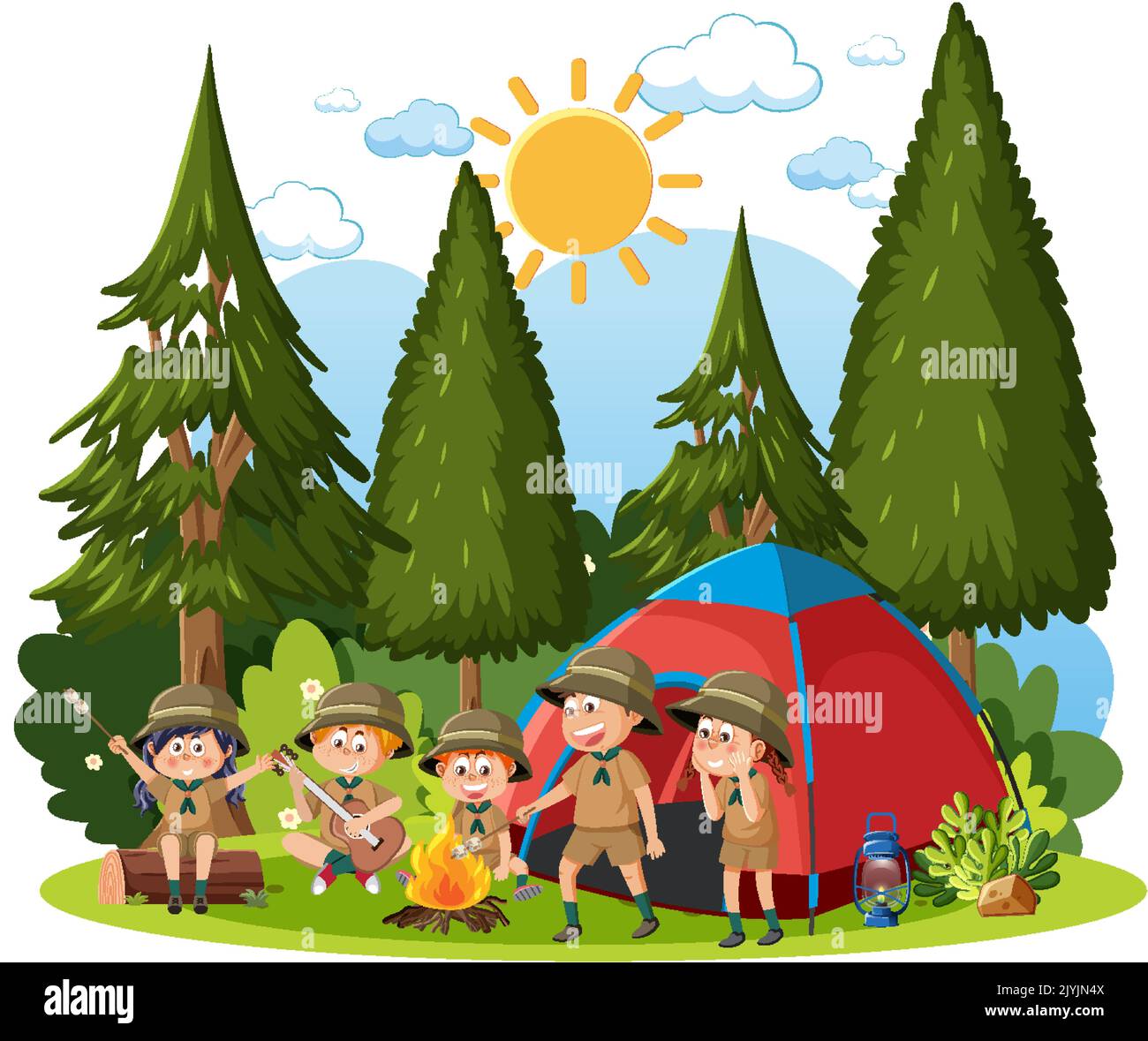 Children camping out at the forest illustration Stock Vector Image ...