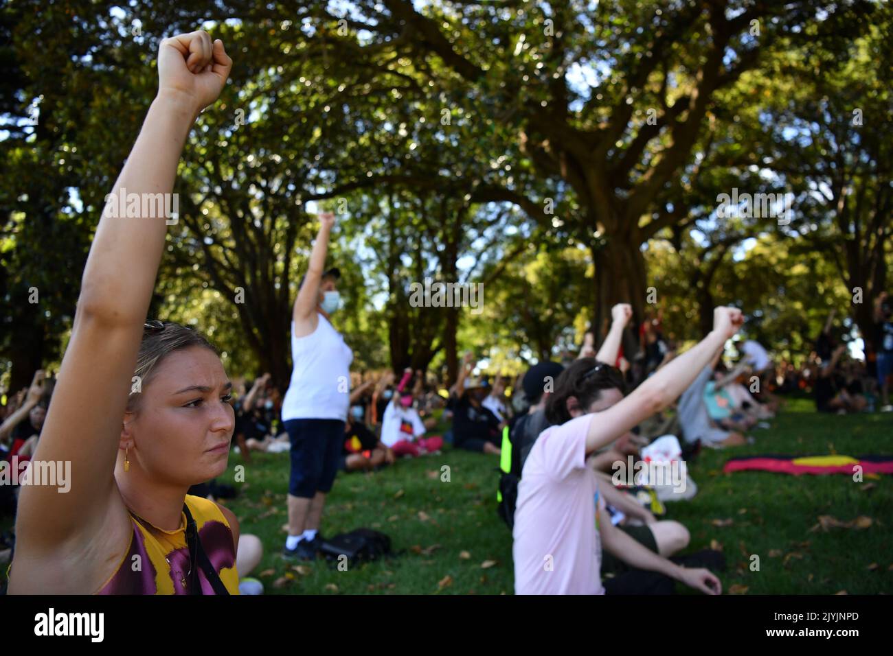Indigenous and non-indigenous protesters during an Invasion Day rally ...