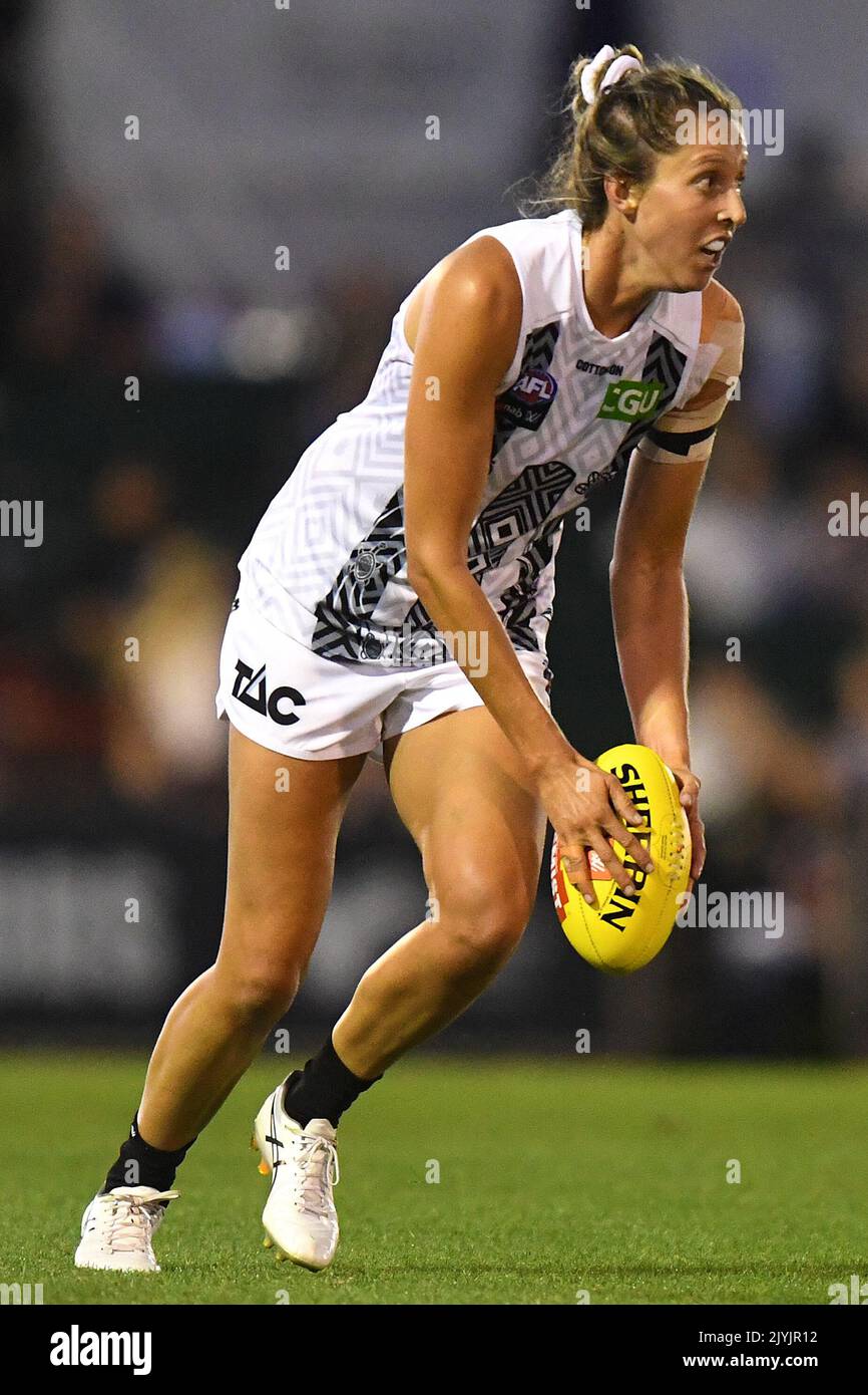 Erica Fowler of Collingwood Magpies kicks the footy during the Round 1 ...