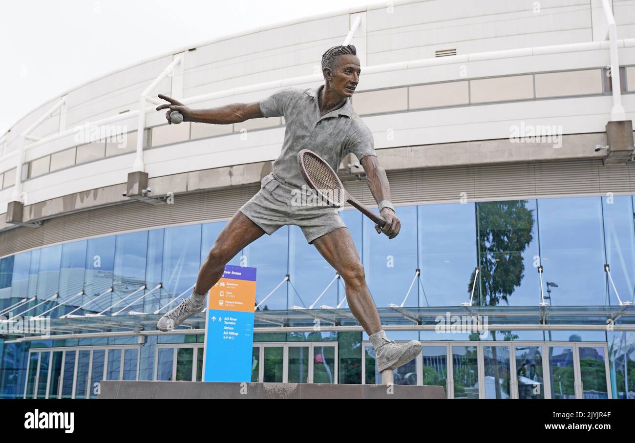 A statue of Rod Laver is seen outside of Rod Laver Arena inside of ...