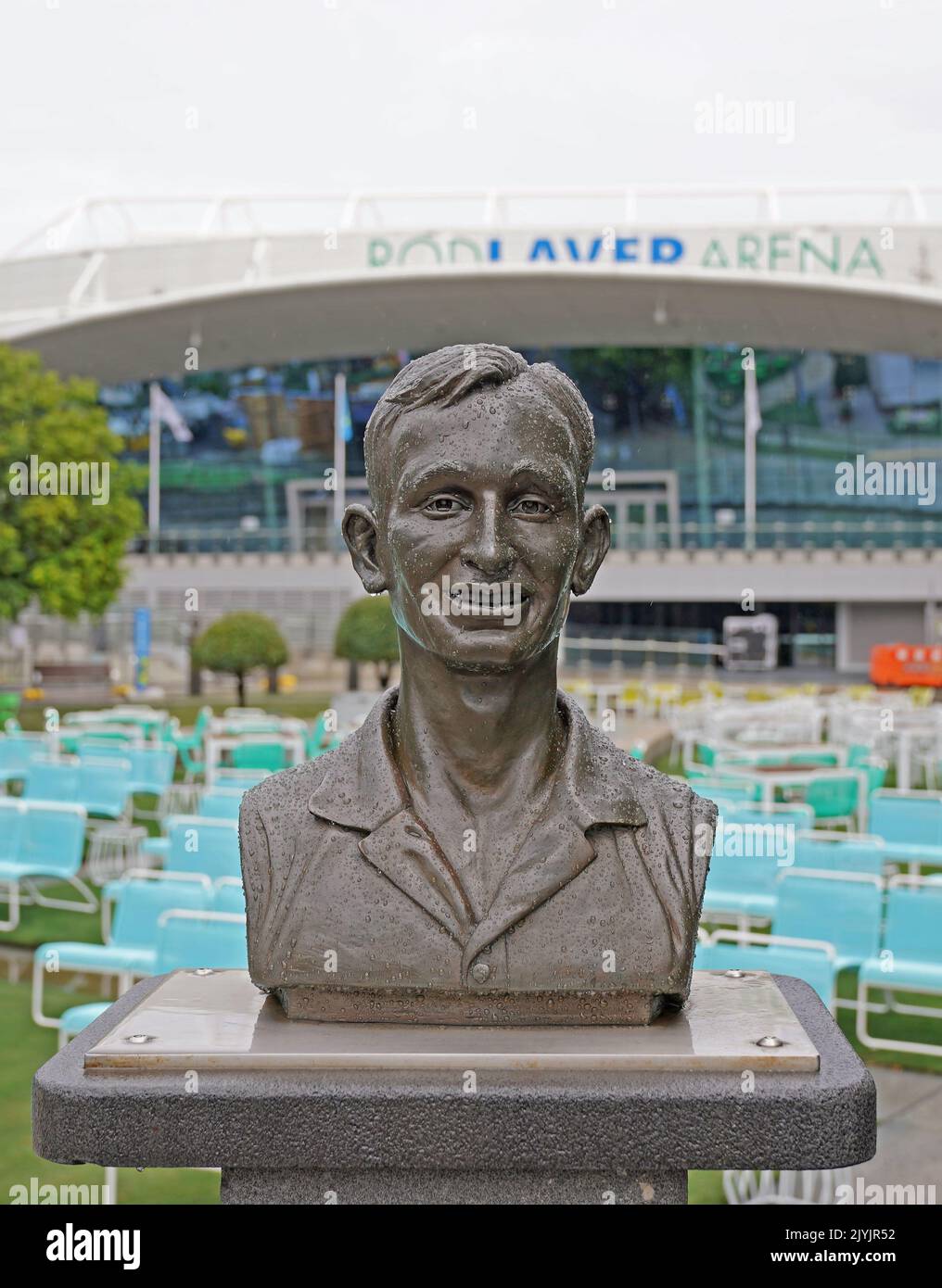 A statue of Rod Laver is seen outside of Rod Laver Arena inside of ...