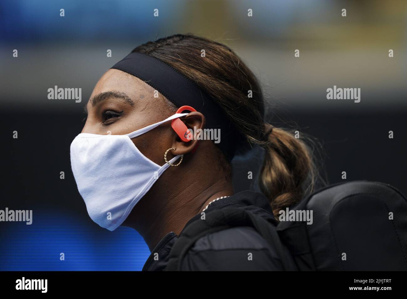 Serena Williams of the United States of America wears a face mask ahead ...