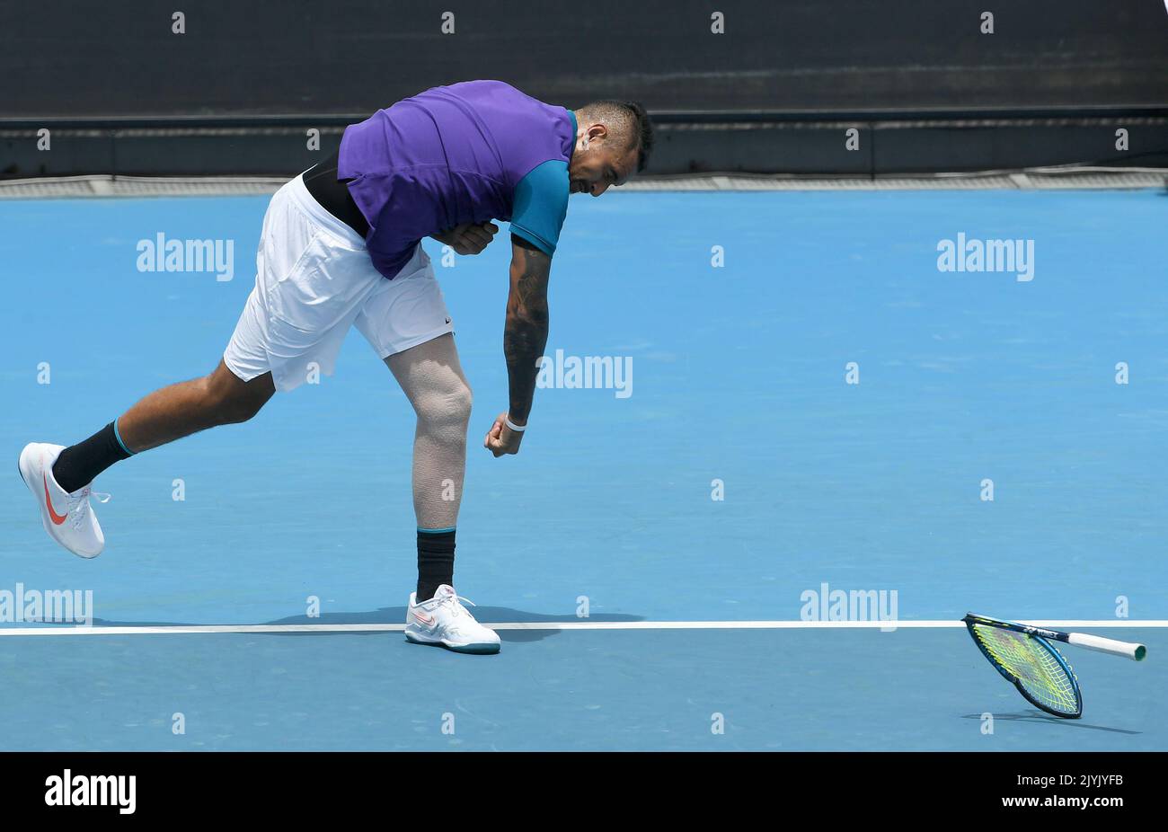 Nick Kyrgios of Australia smashes his racket during his Murray River ...