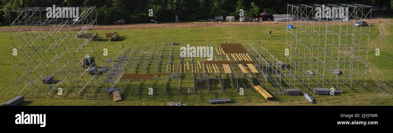 installation of a stage for a concert in the park. Aerial view Stock ...